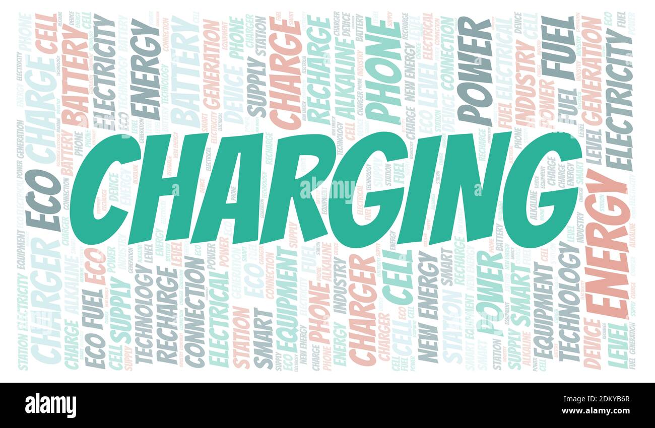 Charging typography word cloud create with text only Stock Photo - Alamy