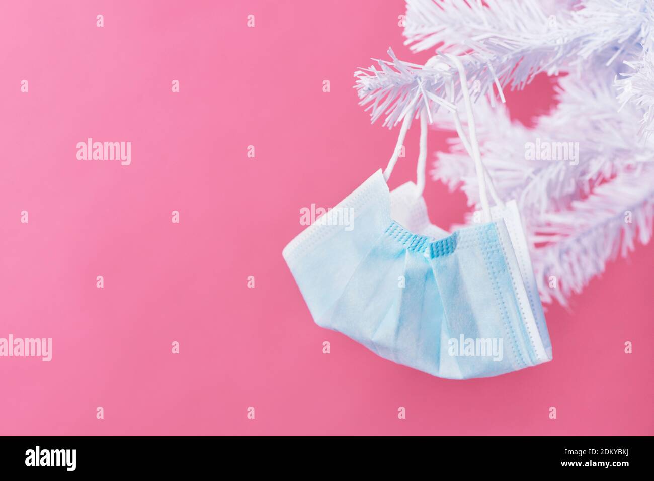 closeup of a blue disposable face mask hanging from a branch of a white ...