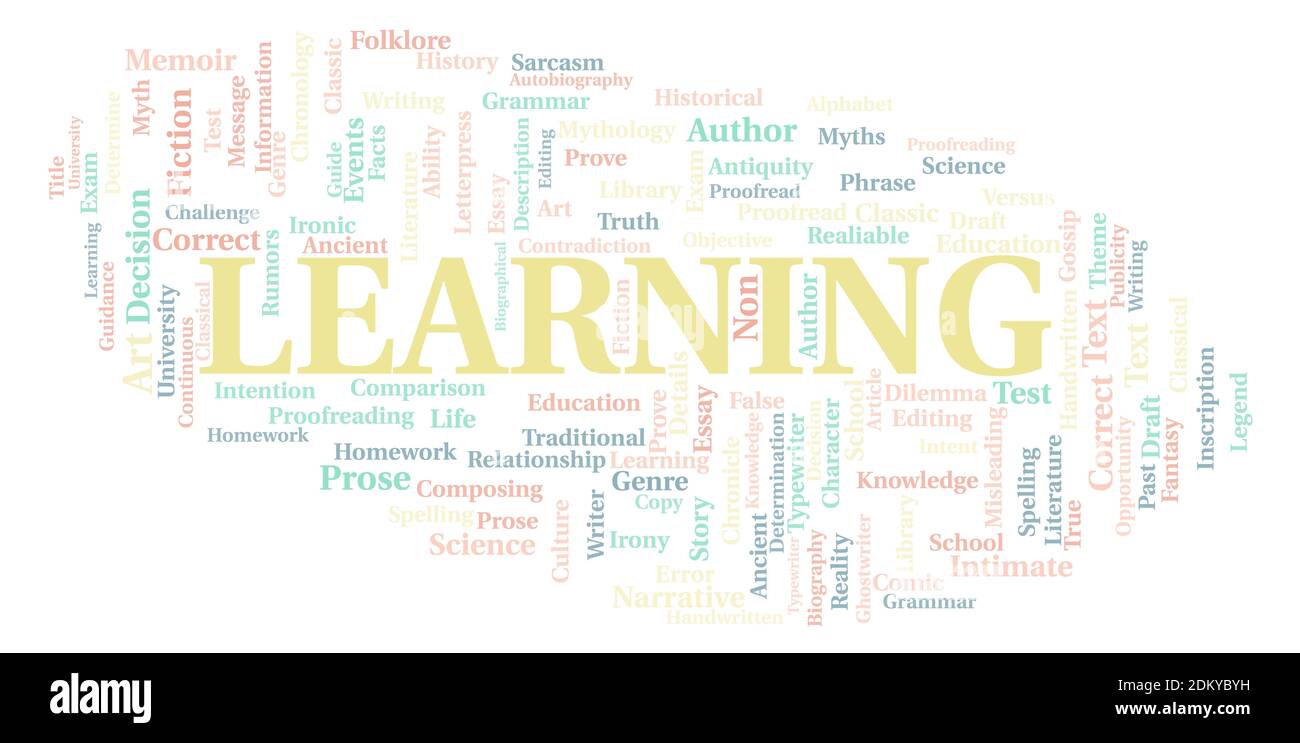 Learning typography word cloud create with text only Stock Photo - Alamy