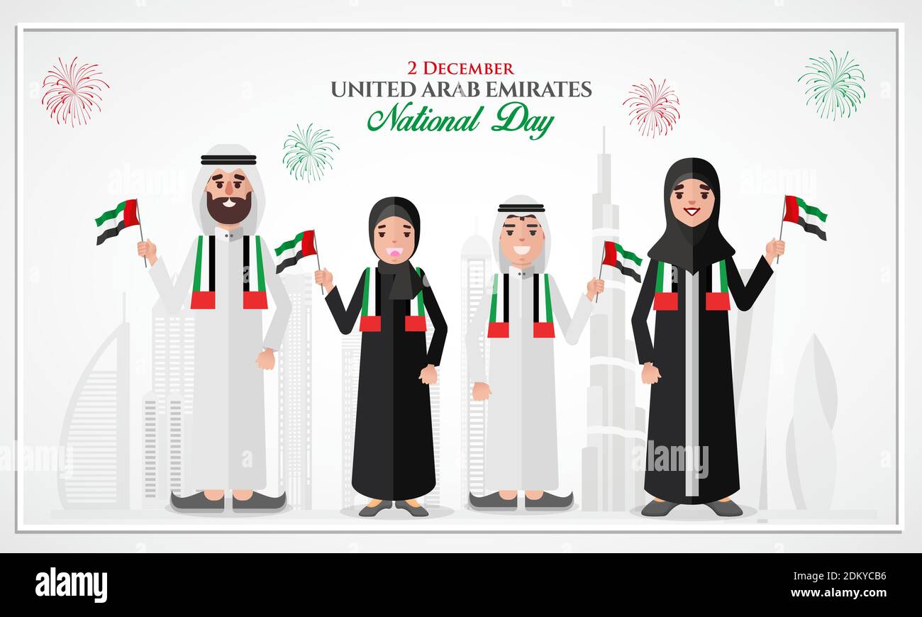 UAE national Day greeting card. Cartoon Emirati family holding UAE ...