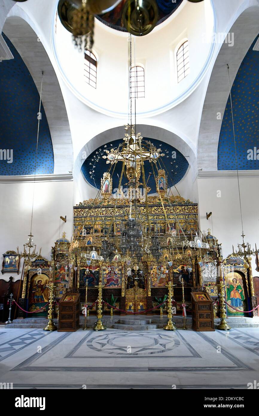 Greece, Crete Island, altar and icons in the church of monastery of ...