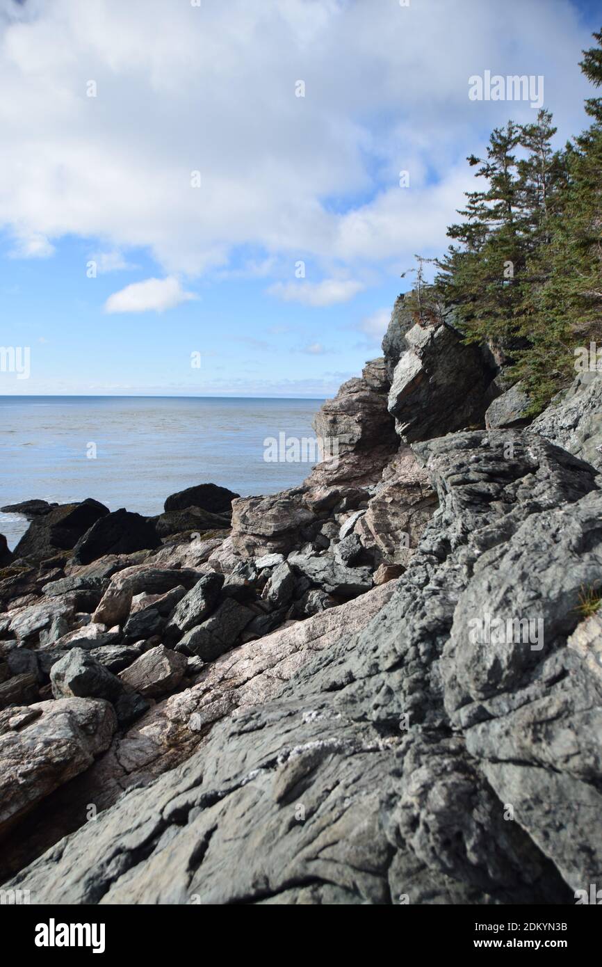 Rock lined coast on the New Brunswick Bay of Fundy Stock Photo - Alamy