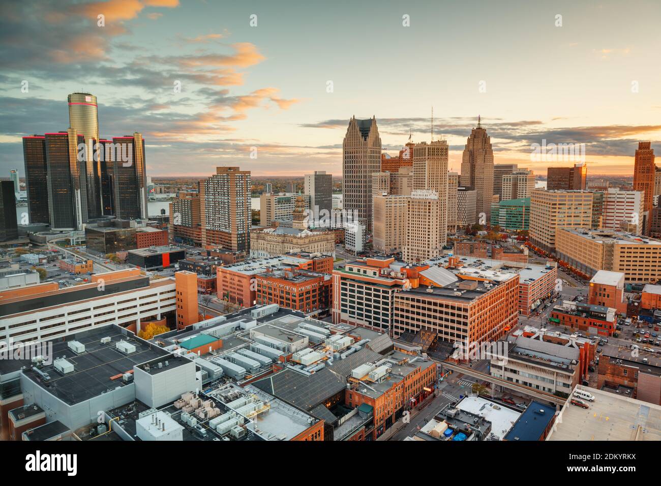 Detroit, Michigan, USA downtown skyline from above at dusk Stock Photo ...