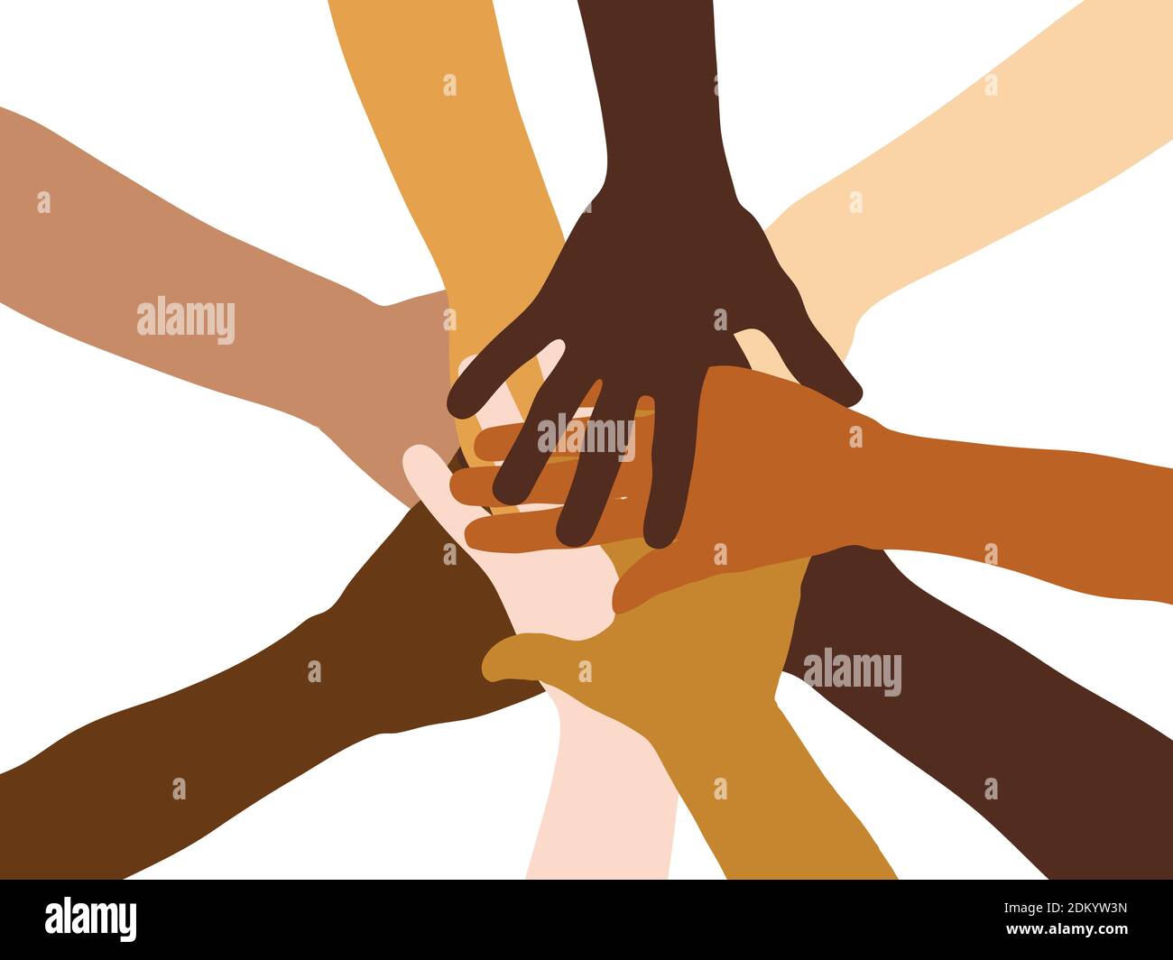 Many stacked multicultural hands from above as a network and team ...