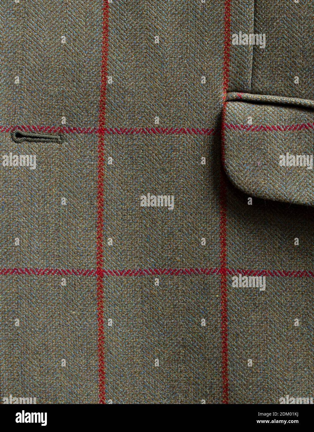 Section of a tweed jacket; lovat-coloured windowpane check. Tweed is a ...