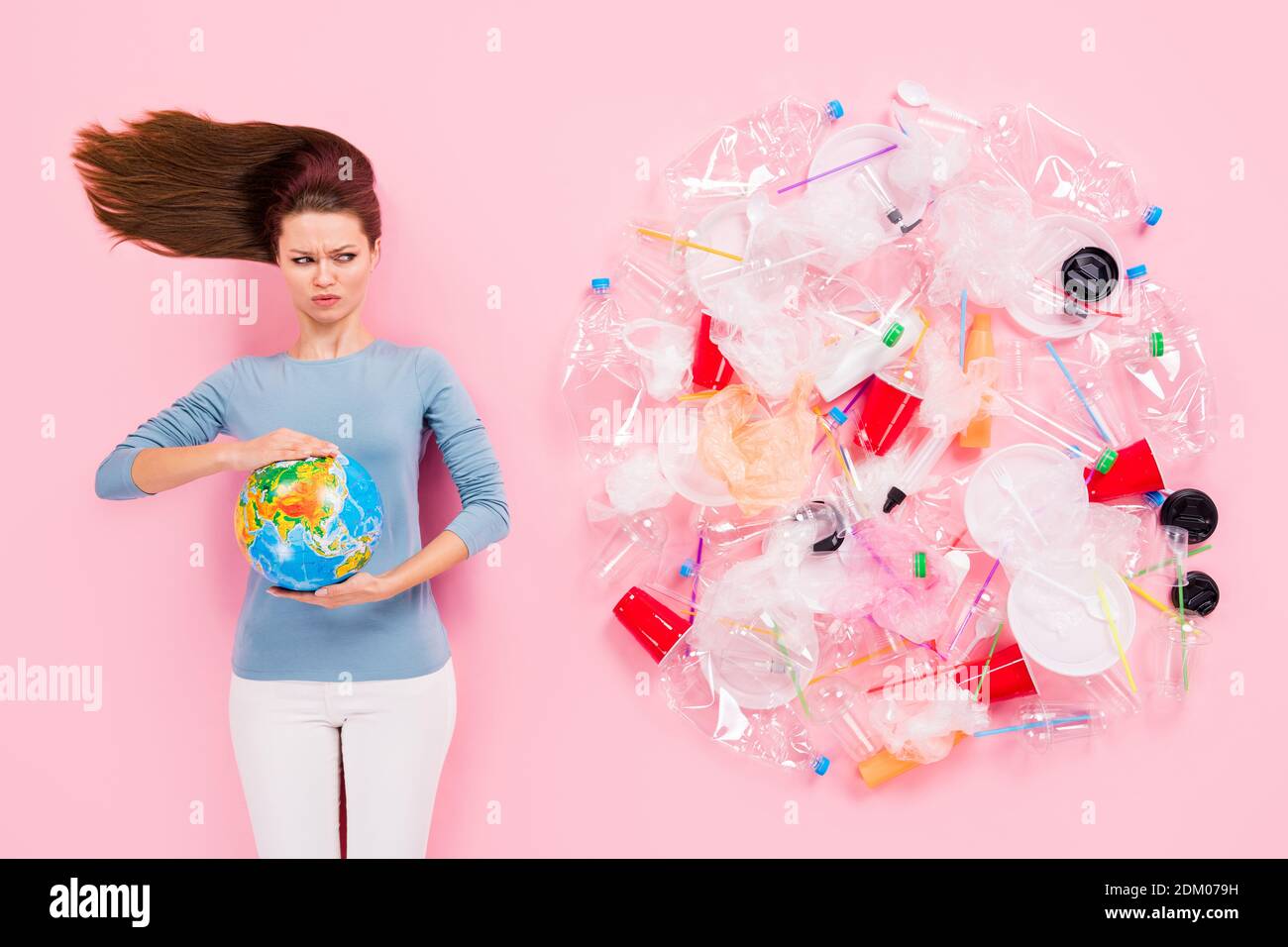 Top above high angle view photo frustrated angry girl hold globe look ...