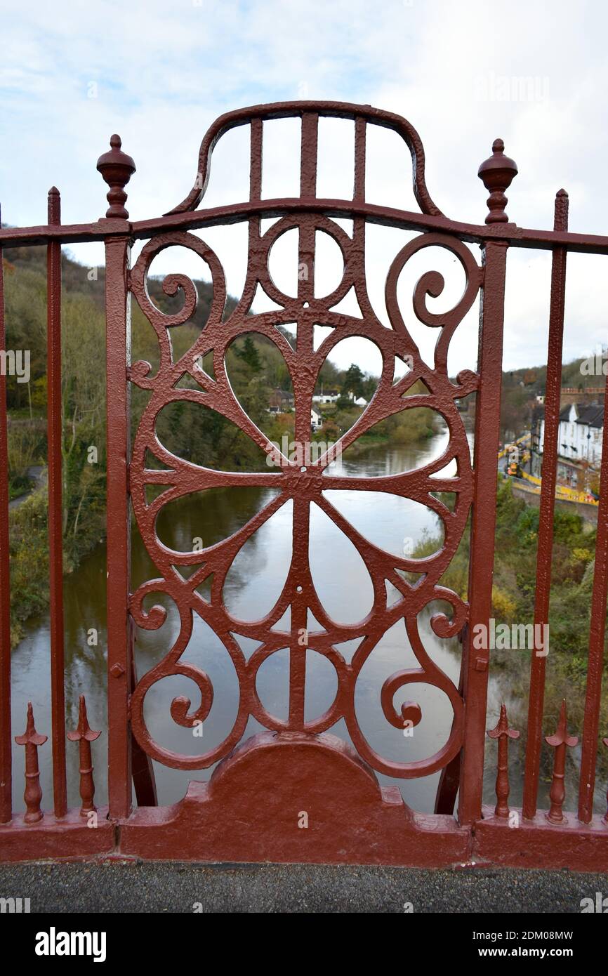 close up of Ironbridge in Shropshire in winter with view of river gorge ...
