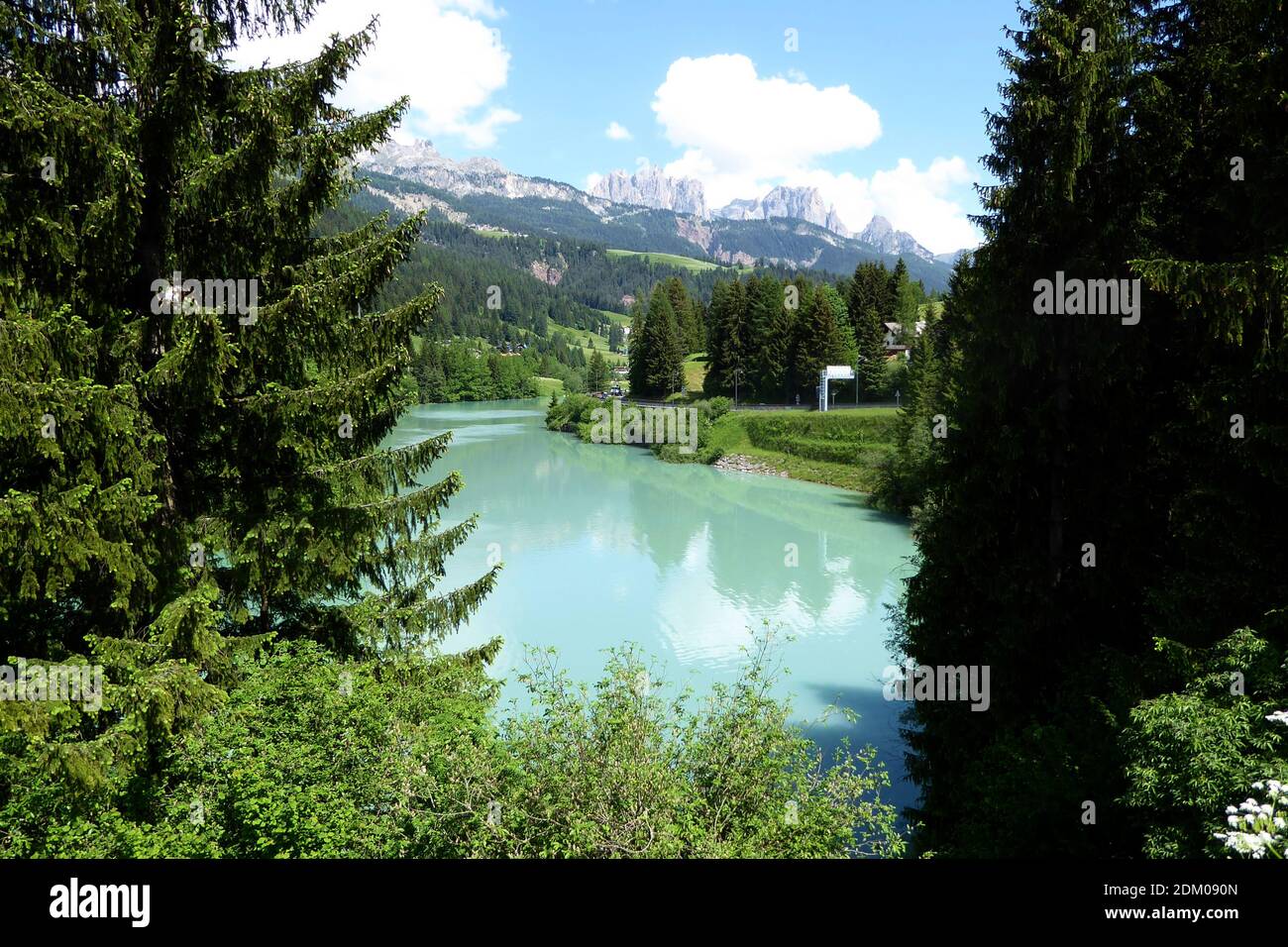 Scenic landscape of green lake and alpine trees in northern Italy ...
