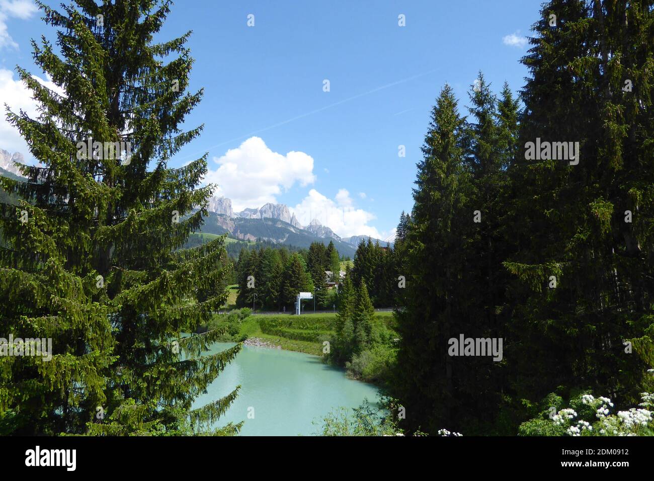 Scenic landscape of green lake and alpine trees in northern Italy ...
