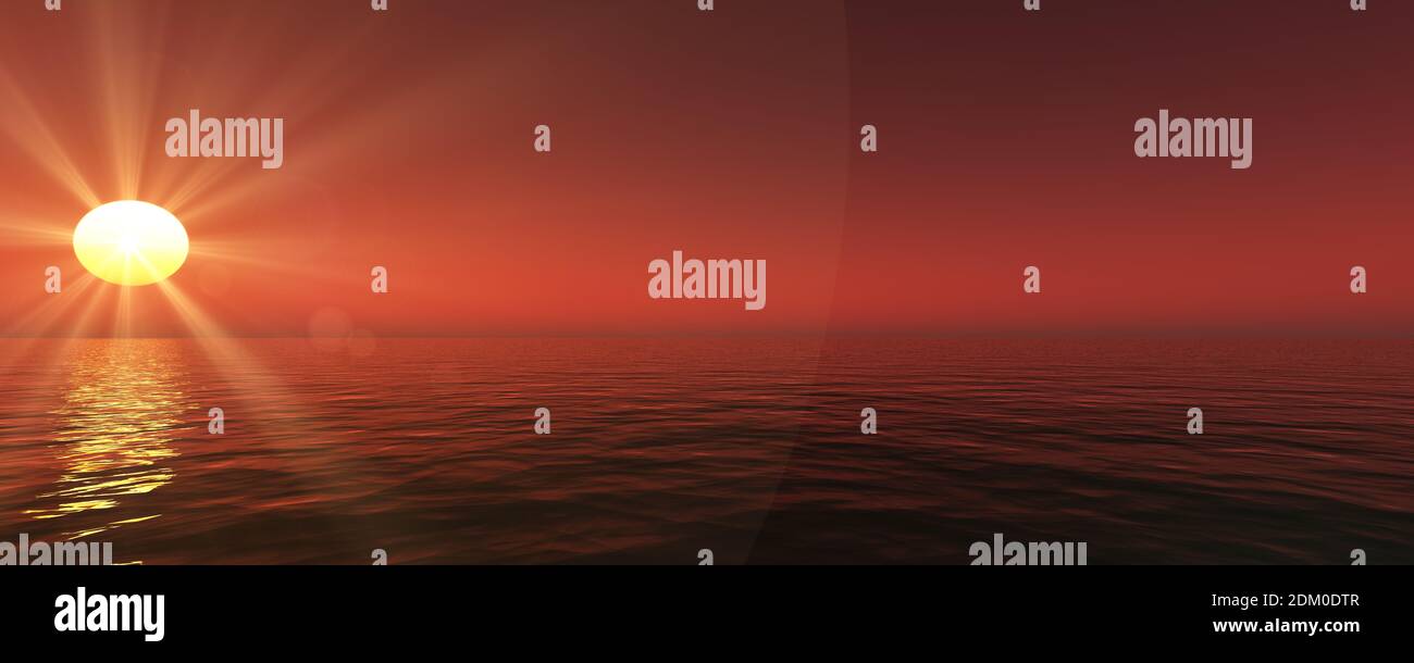 sunset sea sun ray clear sky, 3d rendering illustration Stock Photo - Alamy