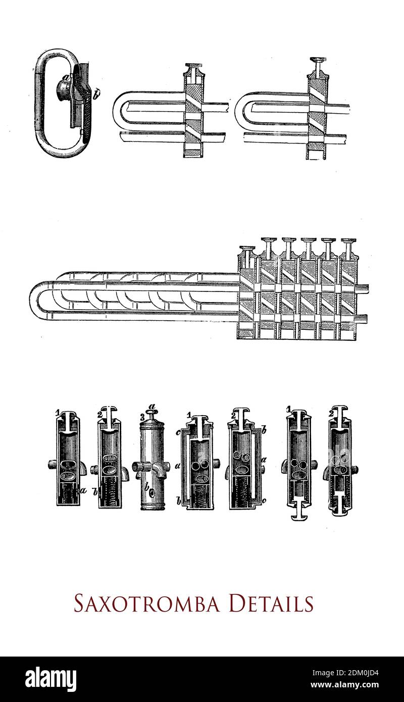 Saxotromba musical instrument details: pistons, valves and cylinders ...