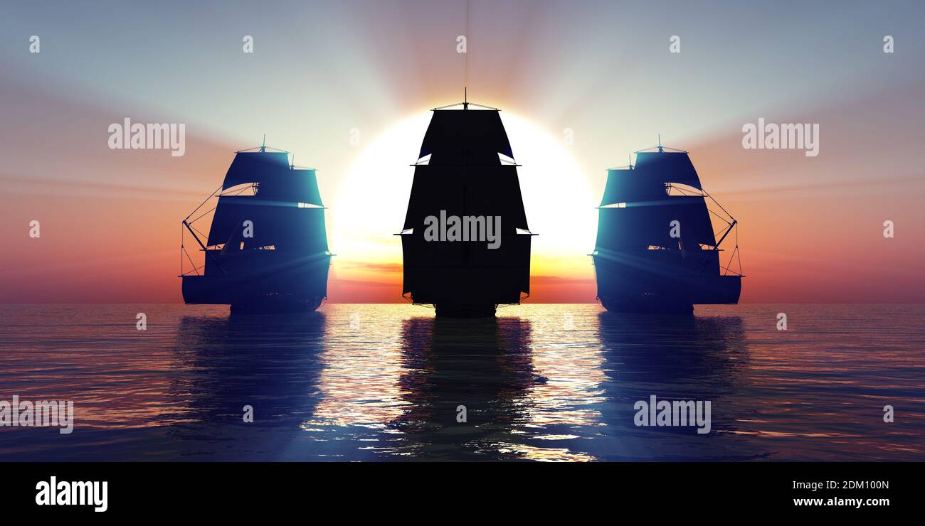 old three ships sunset at sea, 3d rendering illustration Stock Photo ...