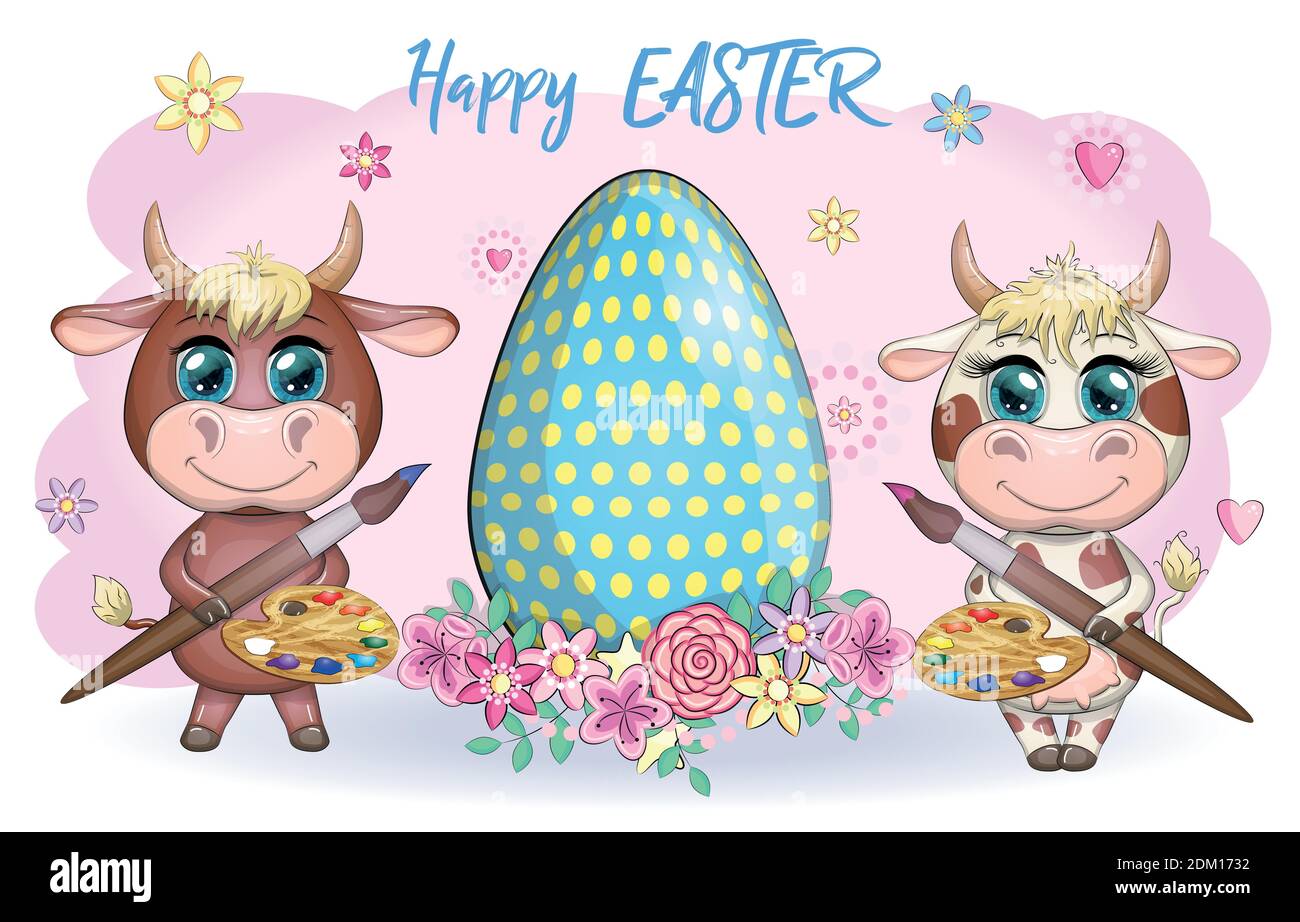 Cute cartoon cow and a bull with an Easter egg, symbol 2021 on the ...