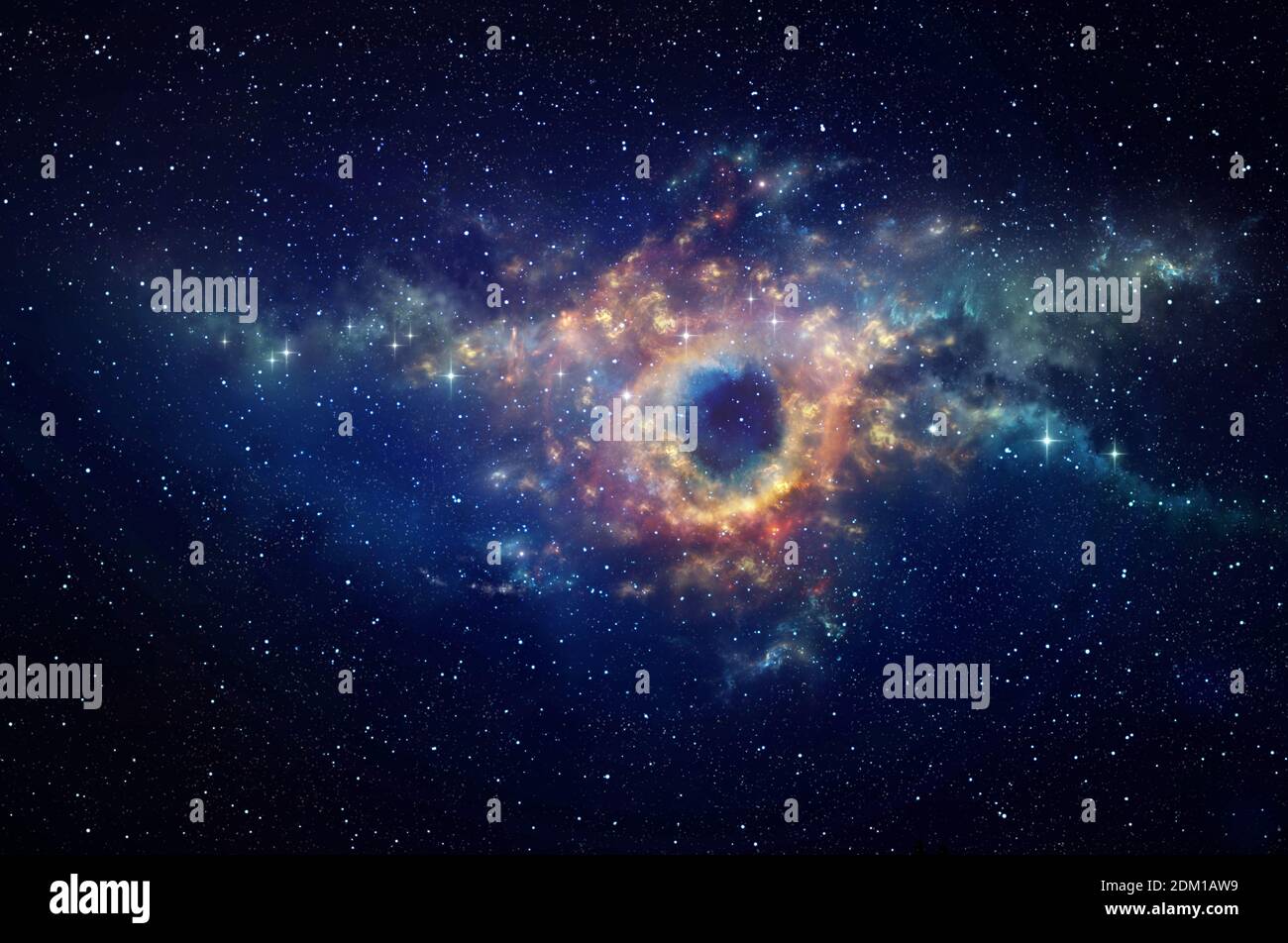 Black hole and cosmic waves in outer space. Nebula at the center of a ...