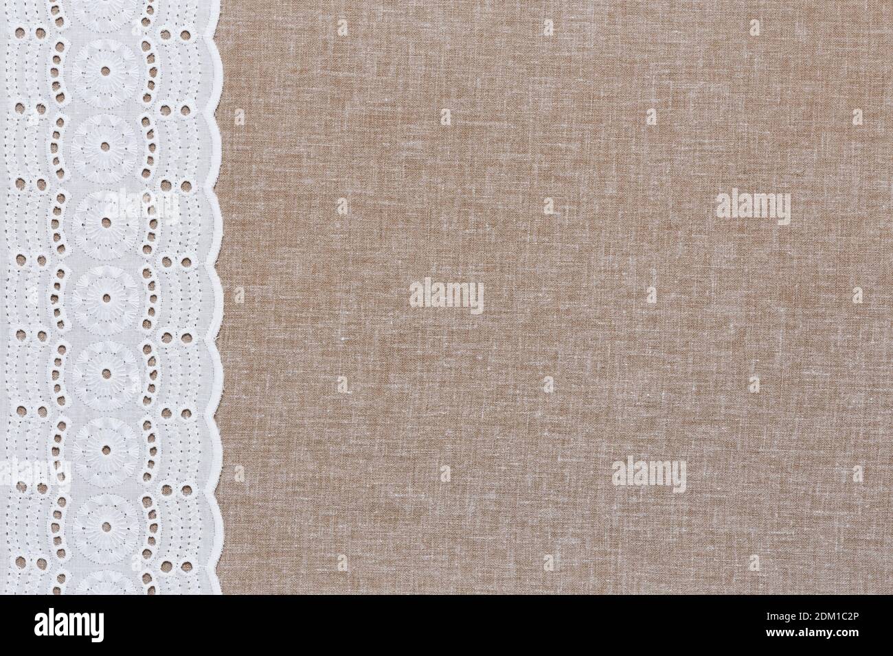 Natural linen texture with white lace on the left side Stock Photo - Alamy
