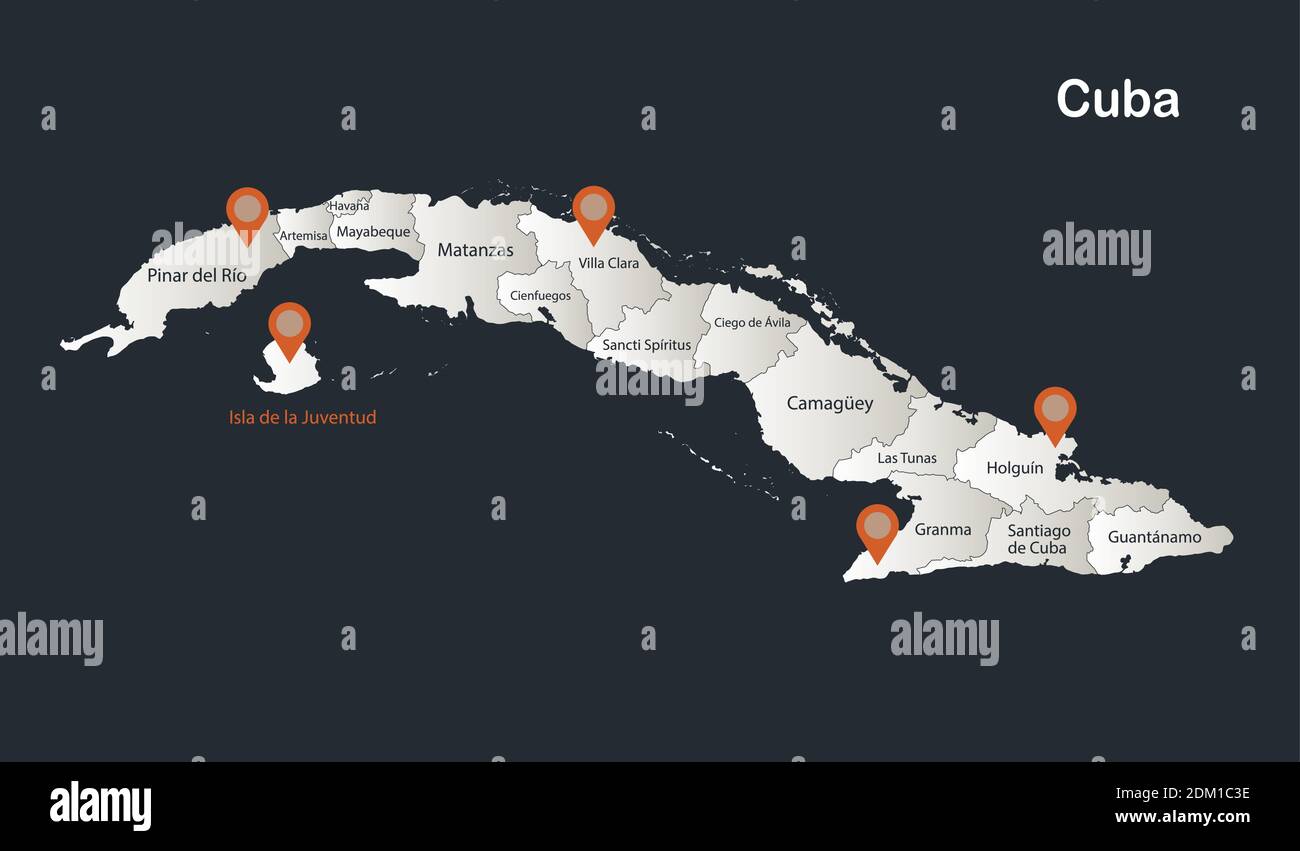 Cuba map, Infographics flat design colors snow white, with names of ...