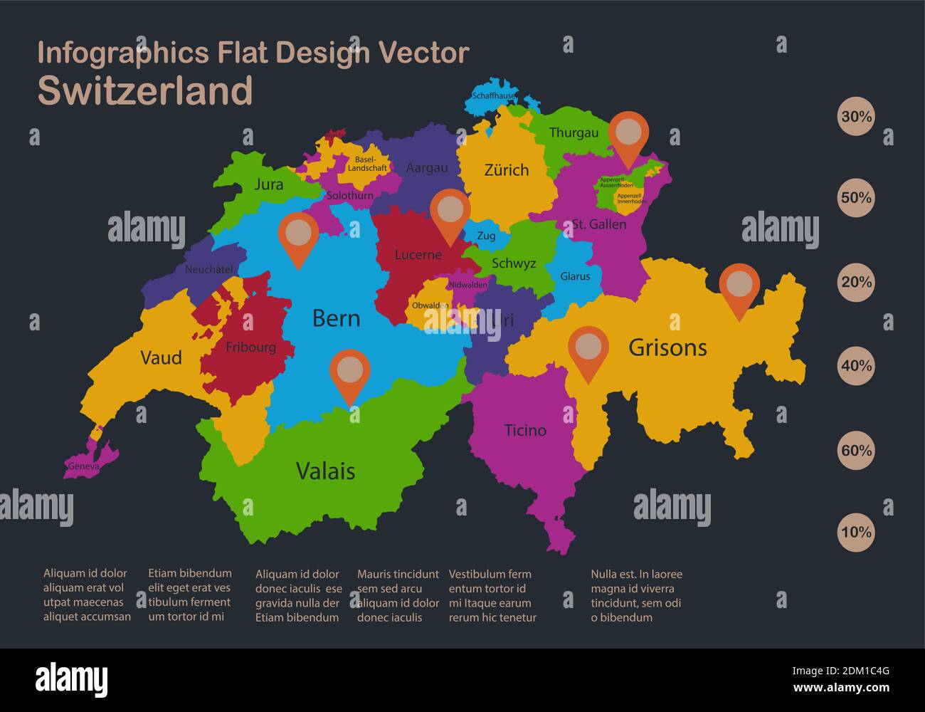 Infographics Switzerland map, flat design colors, with names of ...