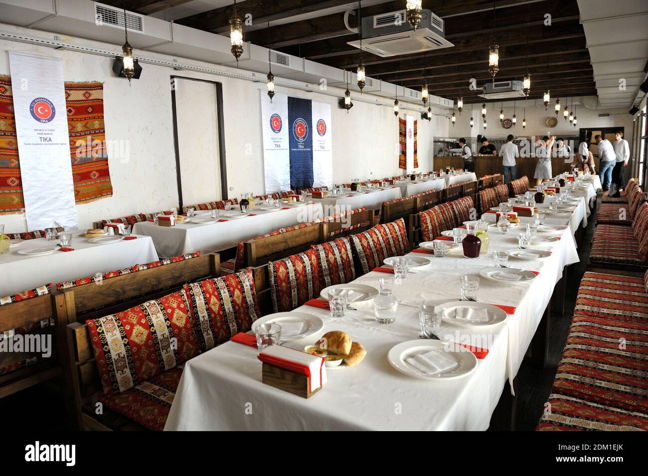 Interior of a Tartar restaurant designed in traditional style, tables ...