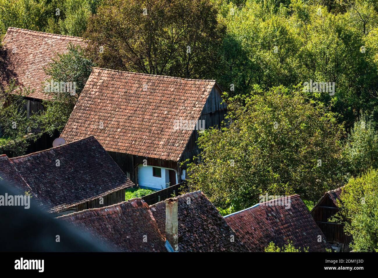 Aerial view of a countryside with vegetation, fields and houses in ...