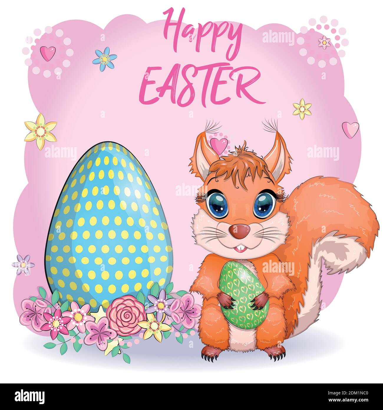 Cute cartoon squirrel with beautiful eyes holds an Easter egg, card for ...