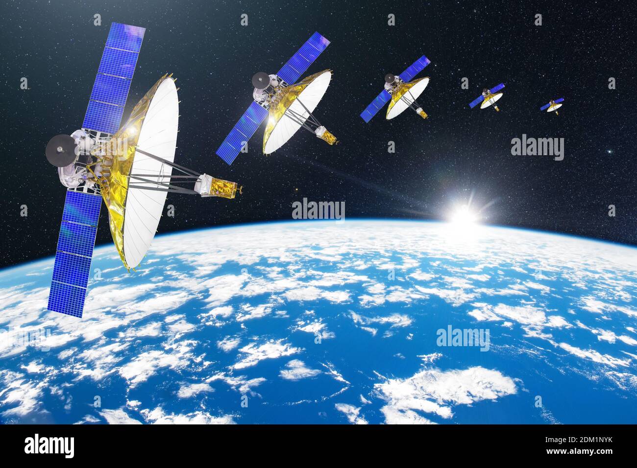 Group of satellites with dish antennas in orbit around the Earth, for ...