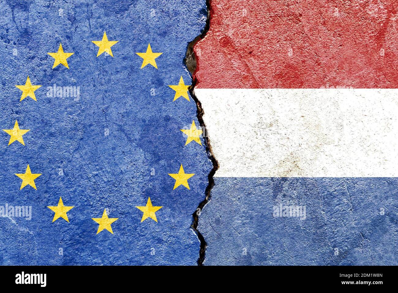 An EU and Dutch flag on a cracked wall-politics, war, conflict concept ...