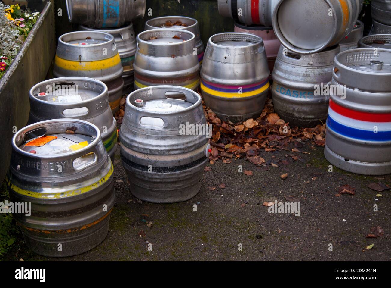 A pile of beer casks barrels in a pub courtyard, December 2020 Stock ...
