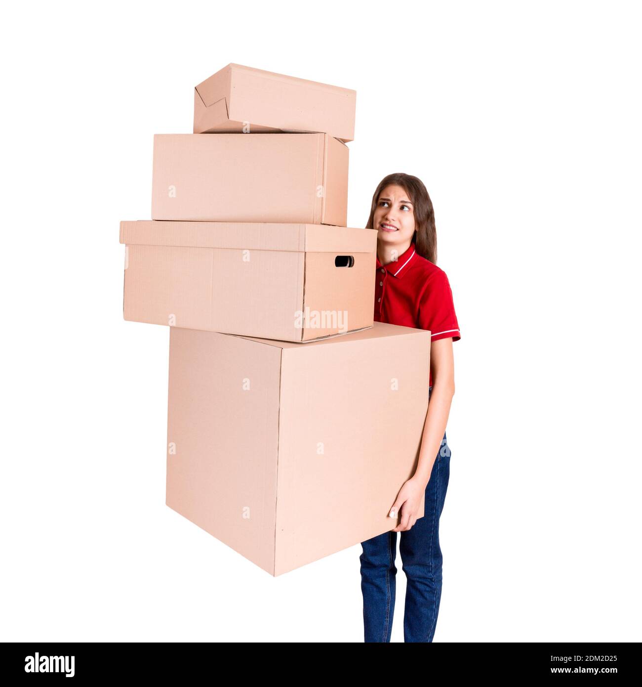 Worried Delivery Woman Holding Heavy Packages Stack Against White ...