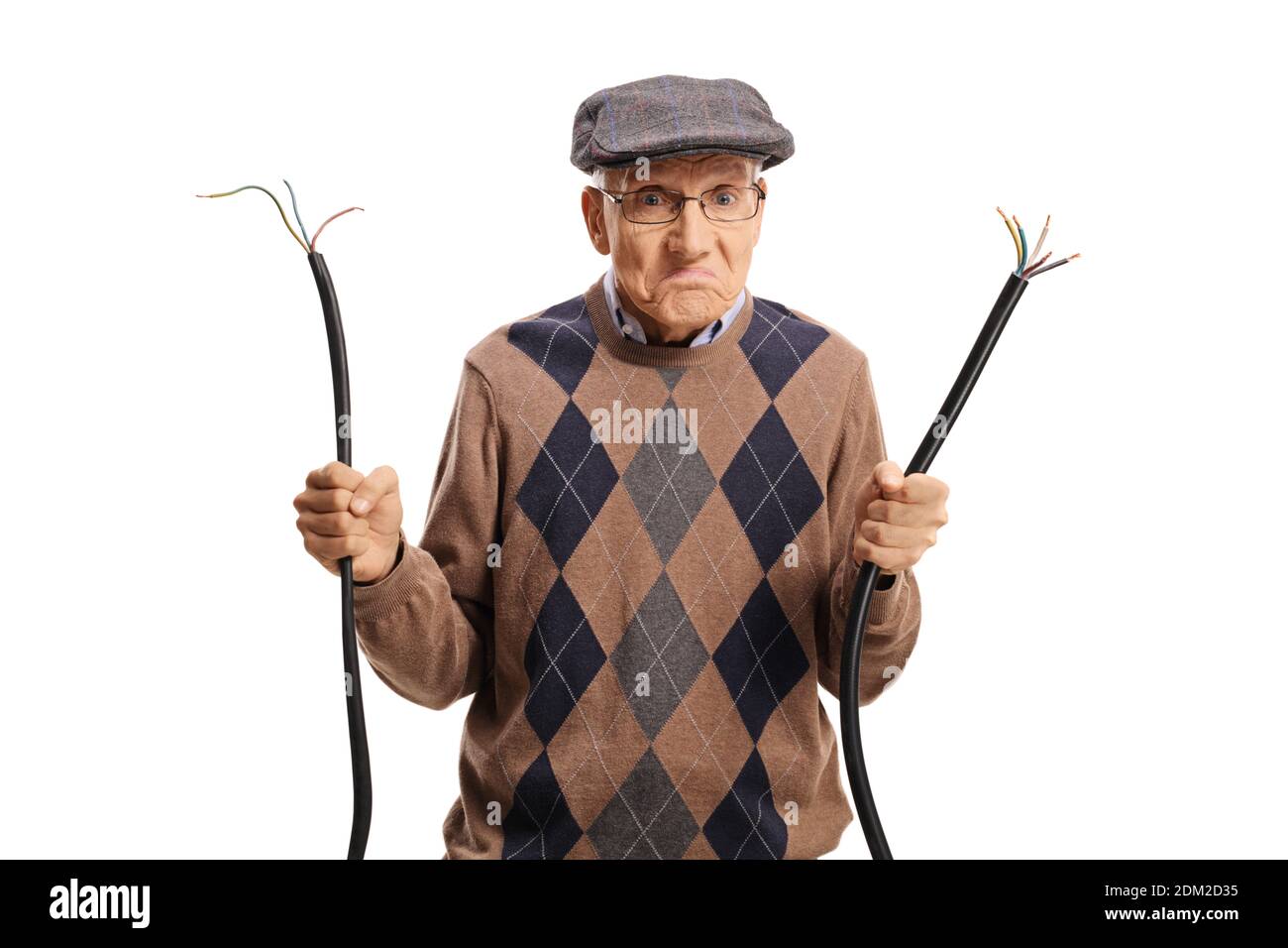 Grumpy elderly man with a broken cable isolated on white background ...