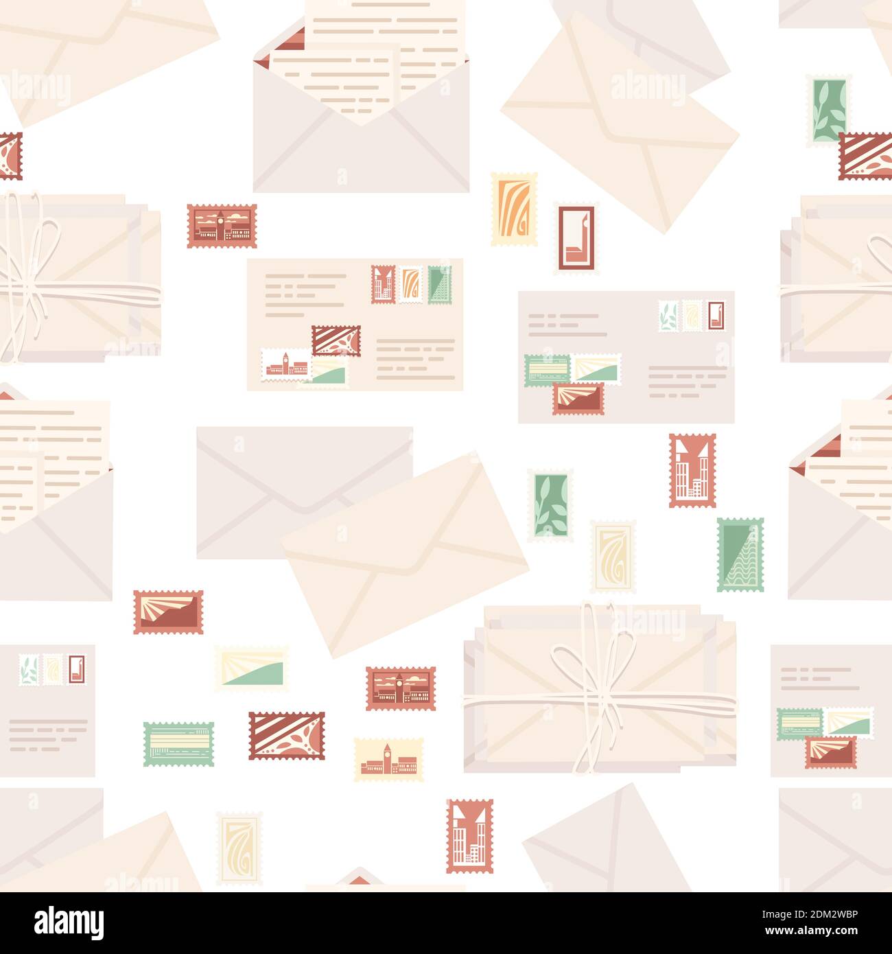 Seamless pattern big set of postal stamps with postage envelope and ...