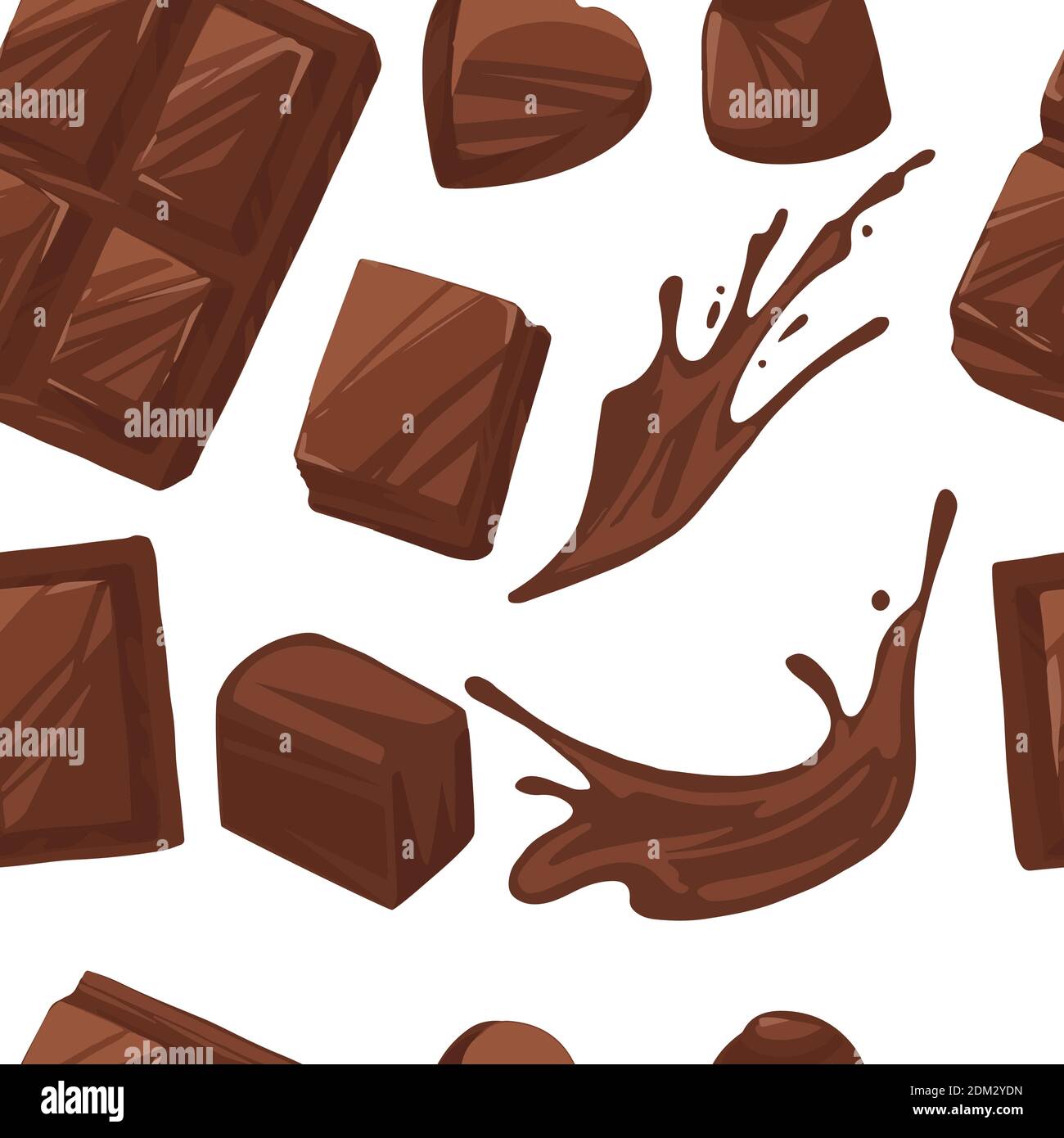Seamless pattern of chocolate bar pieces and melted chocolate flowing ...