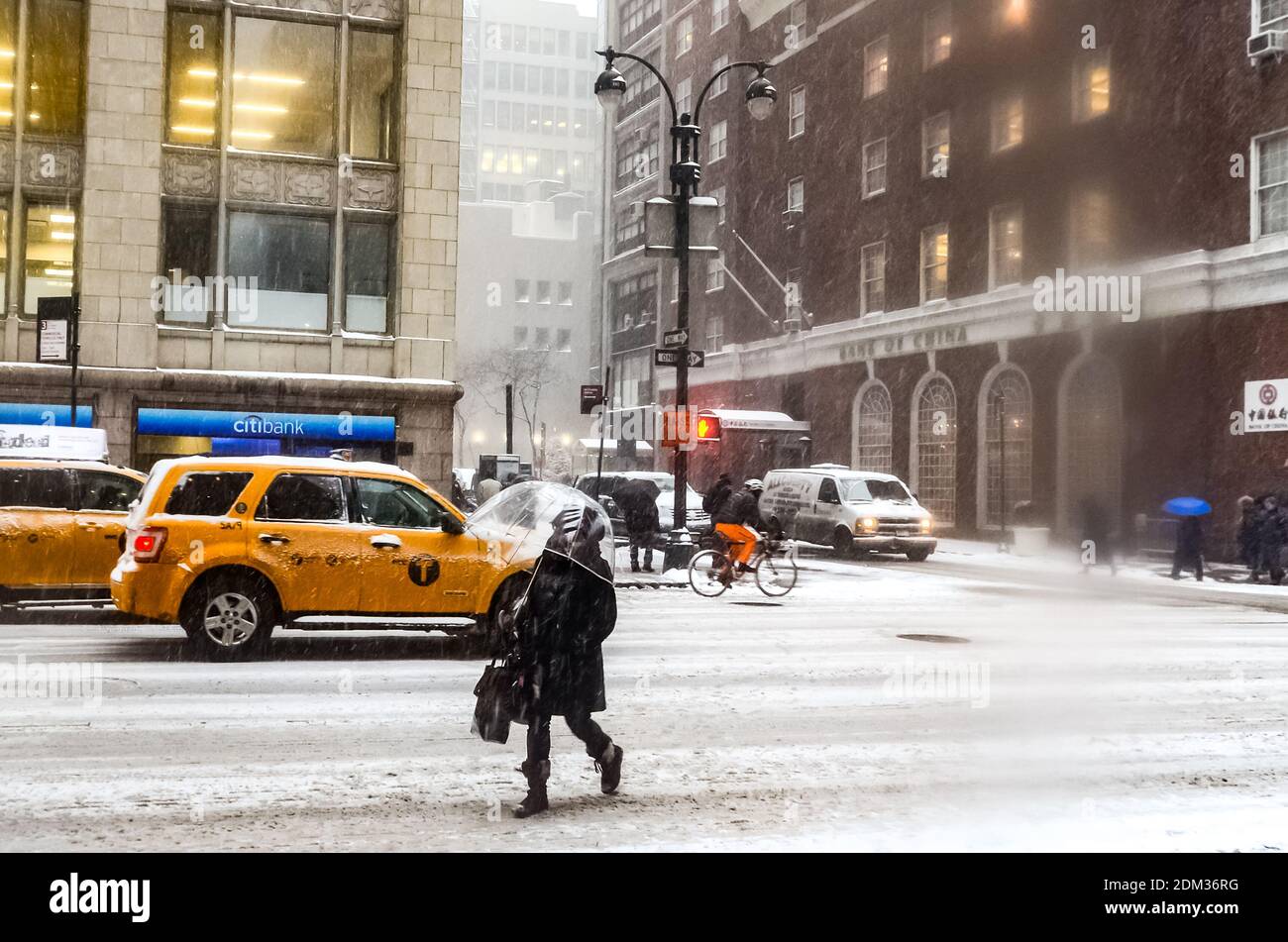 Winter snowstorm blizzard in New York City with heavy snow falling ...