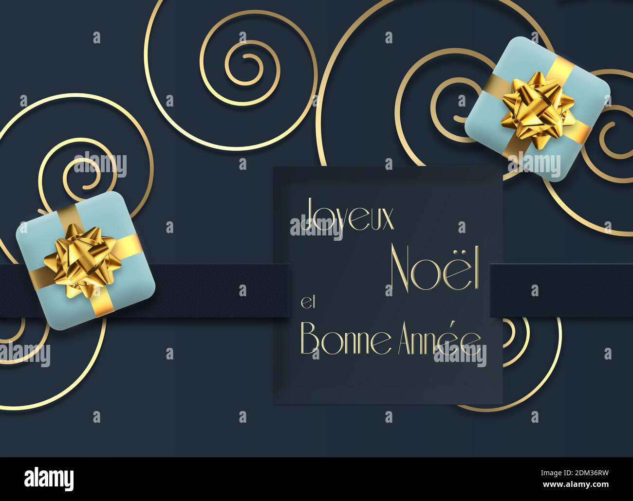 Abstract Christmas holiday card in French language. Snowflakes, blue ...