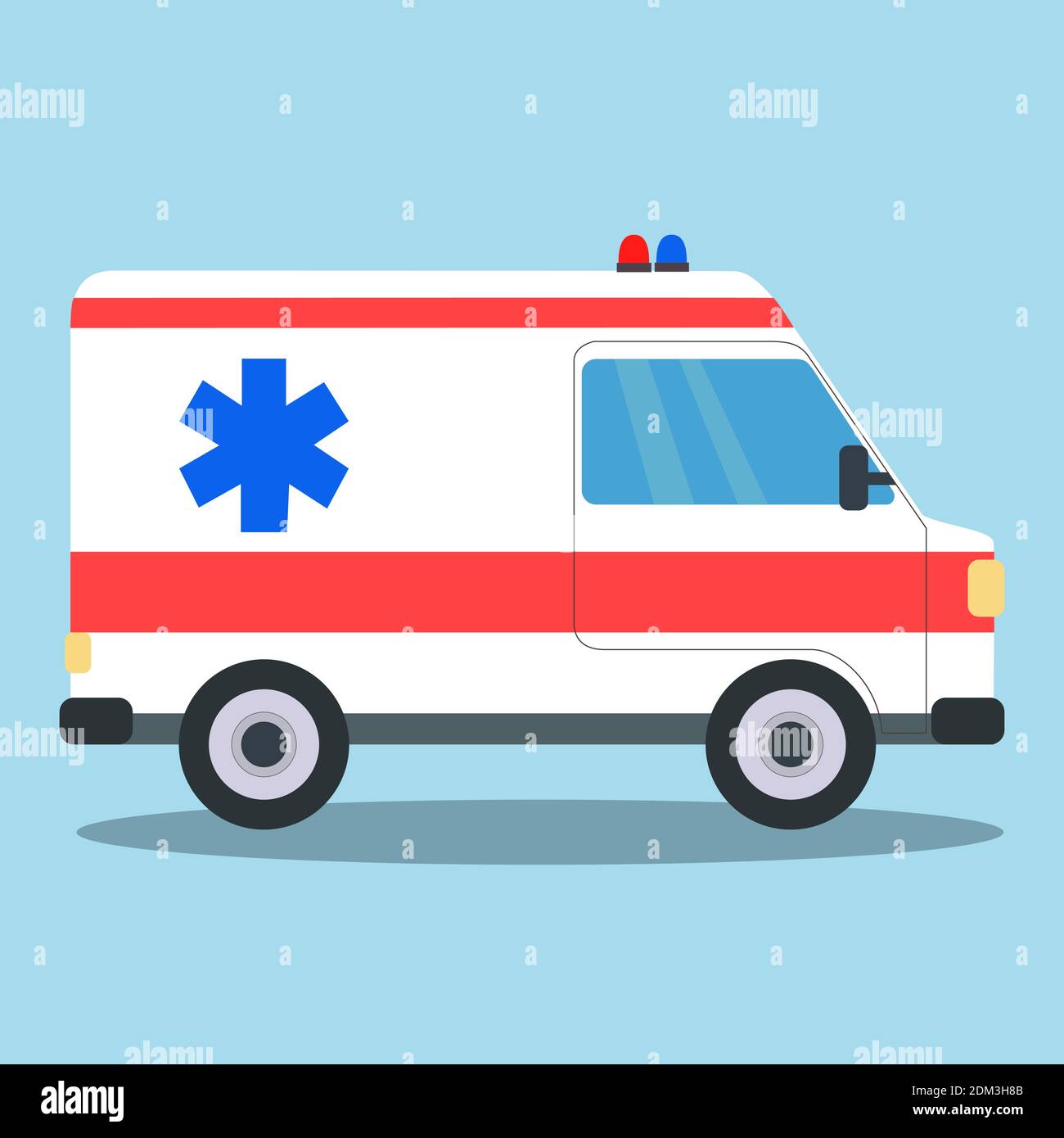 Ambulance van side view with blue and red siren light, object isolated ...