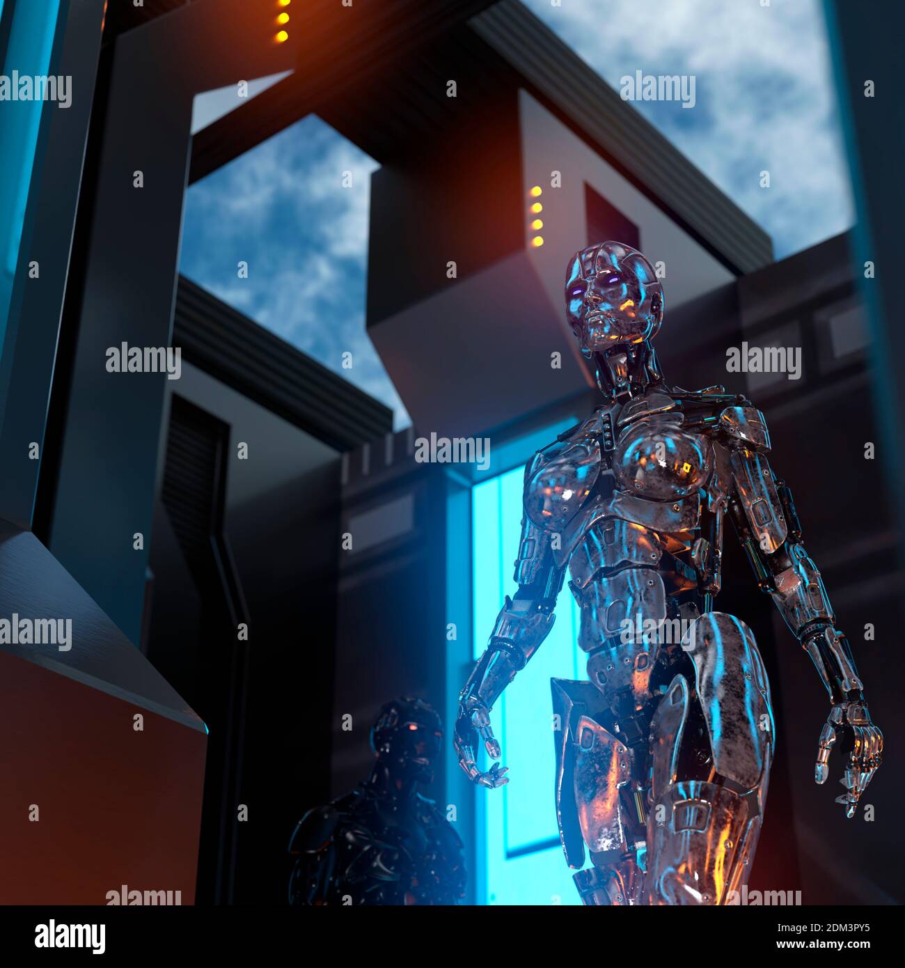 Two metallic cyborgs in a futuristic room - 3d rendering Stock Photo ...