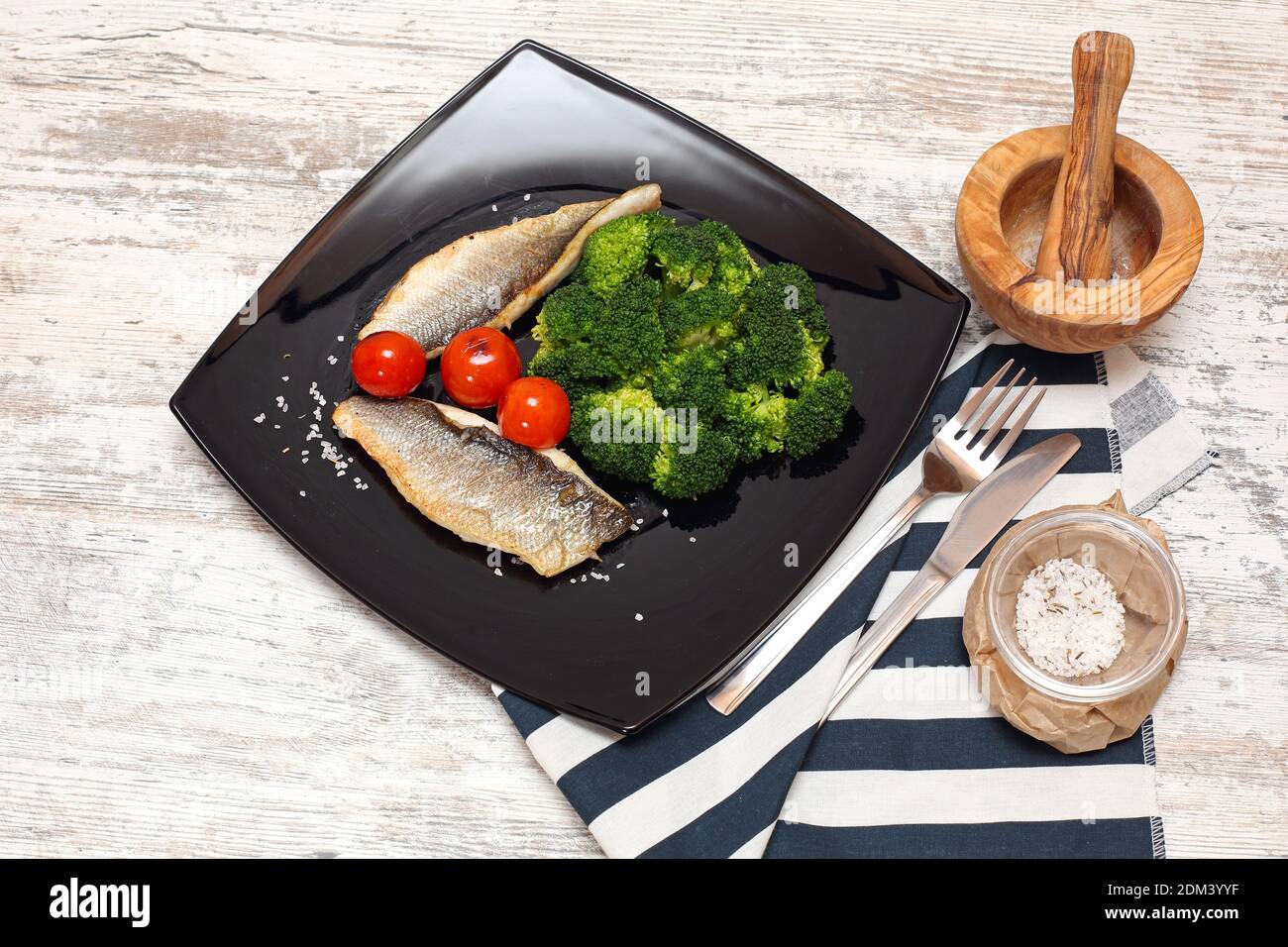 Grilled Fish Fillets With Broccoli Cherry Tomatoes Served Tabletop ...