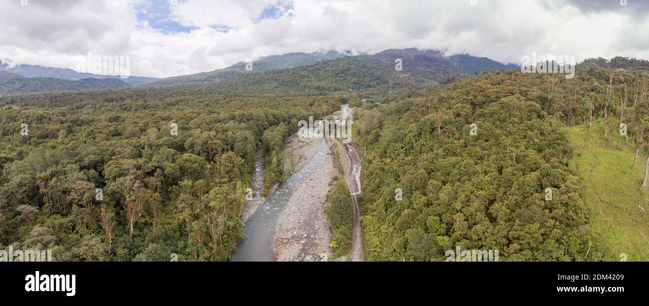 Aerial view of Rio Cosanga looking towards the Andes surrounded by ...