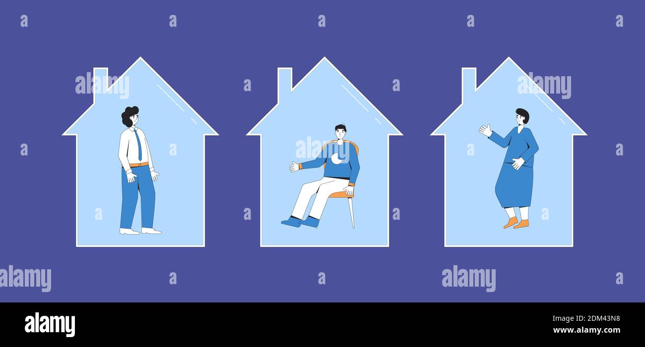 Lockdown. Remote work. Distancing communication. People standing and ...