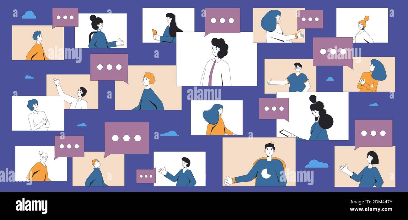 Video call conference. Online meeting. Digital communication. People ...