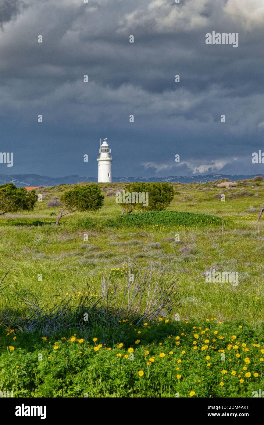 A vertical shot of a beautiful field and a lighthouse in the distance ...