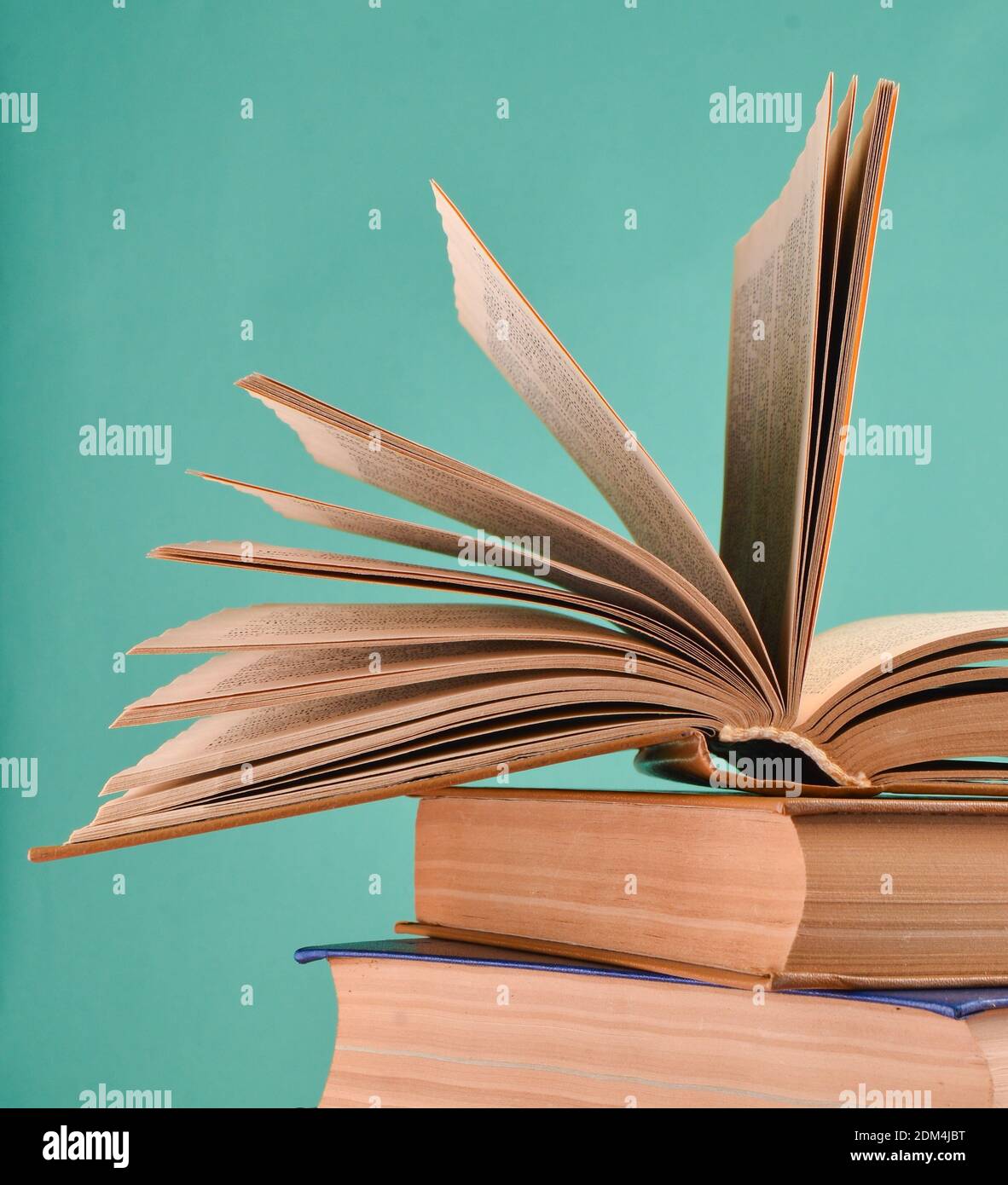 Open book, a stack of books isolated on a blue background. Copy space ...