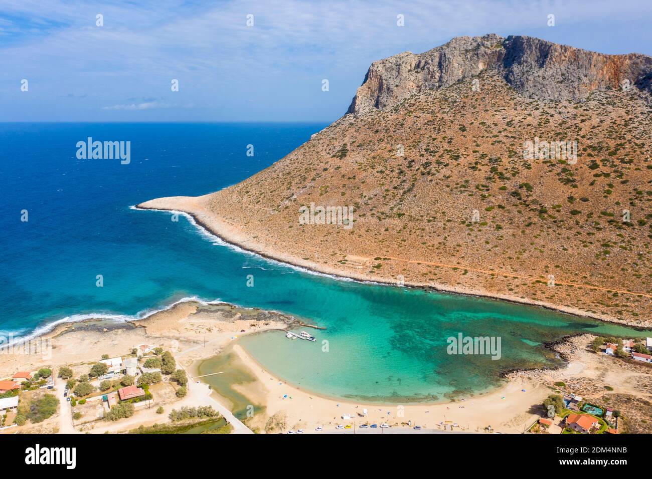 Aerial view of Stavros Beach with Zorba’s Mountain in background, Crete ...