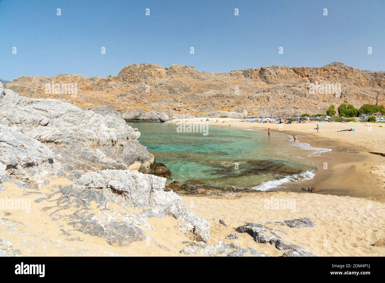 Sandy and rocky landscape at Skinaria Beach on the south coast of Crete ...