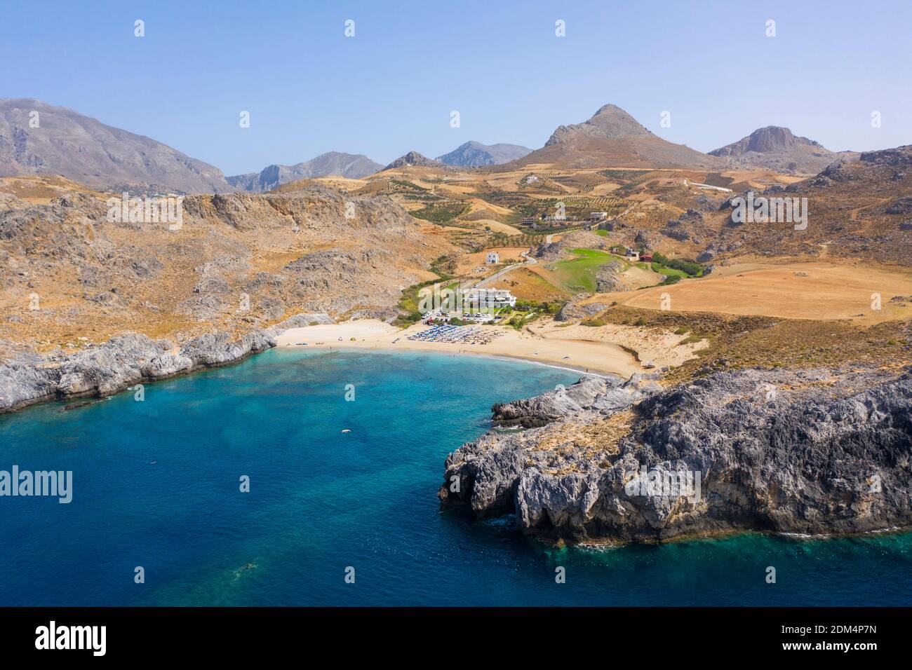 Aerial coastal view of Skinaria Beach on the south coast of Crete ...