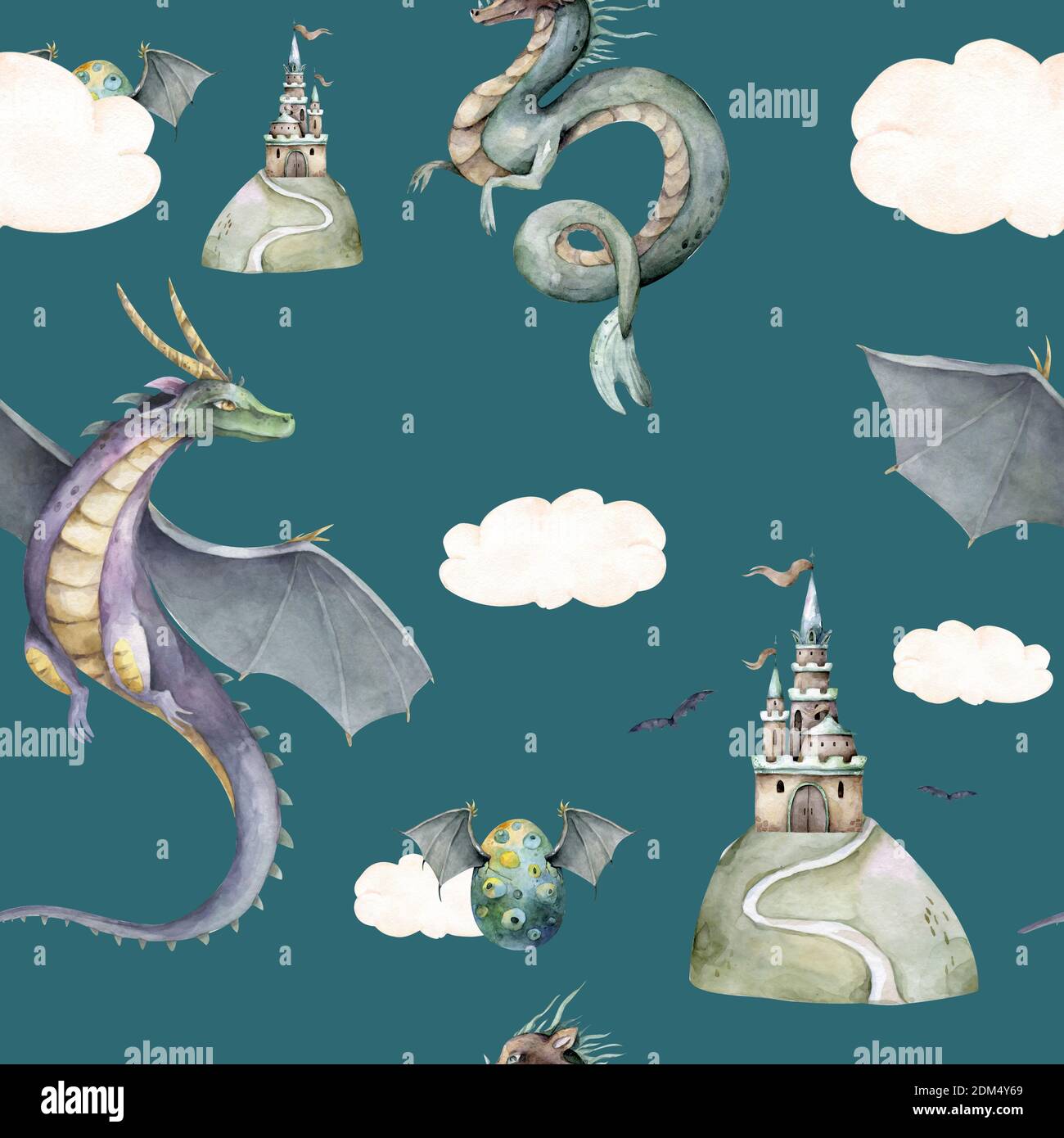 Magic cute baby seamless pattern for girls with fairy castle, dragon ...