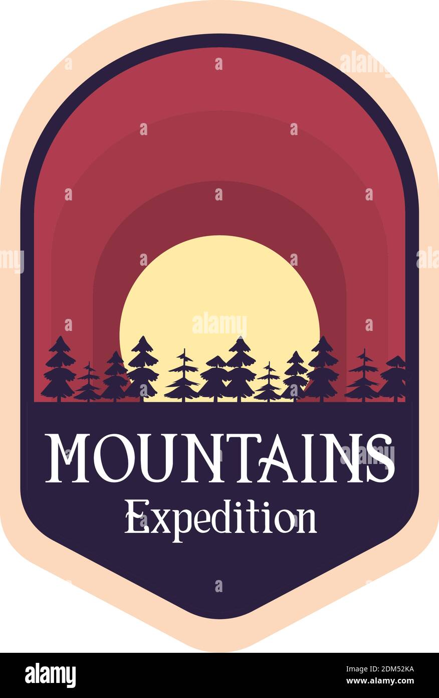 mountains expedition with sun and pine trees landscape label design ...