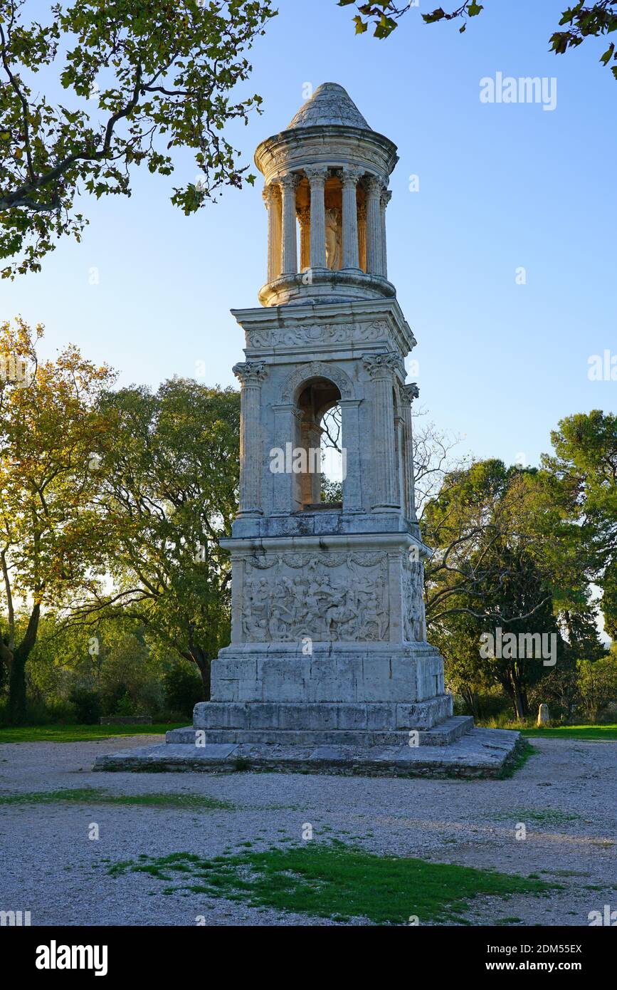 Ruins at the Roman archaeological site of Glanum in the Alpilles region ...