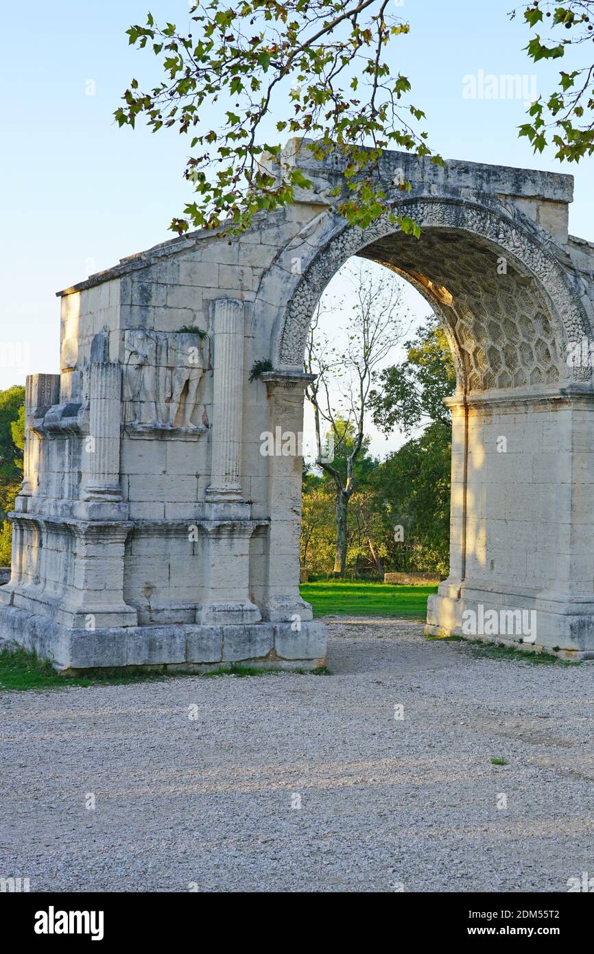 Ruins at the Roman archaeological site of Glanum in the Alpilles region ...