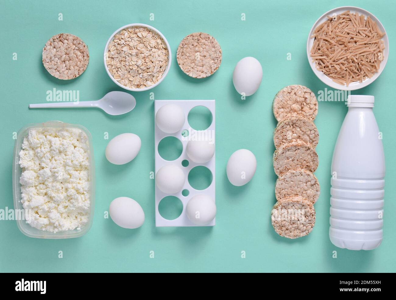 Diet, healthy food. Bottle of yogurt, crispy round bread, buckwheat ...