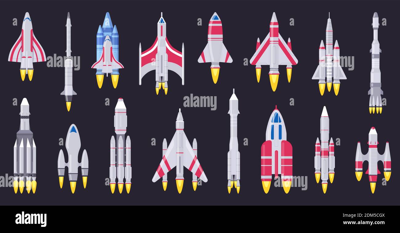 Spaceships vehicles. Space rocket, flying aerospace shuttle, spacecraft ...